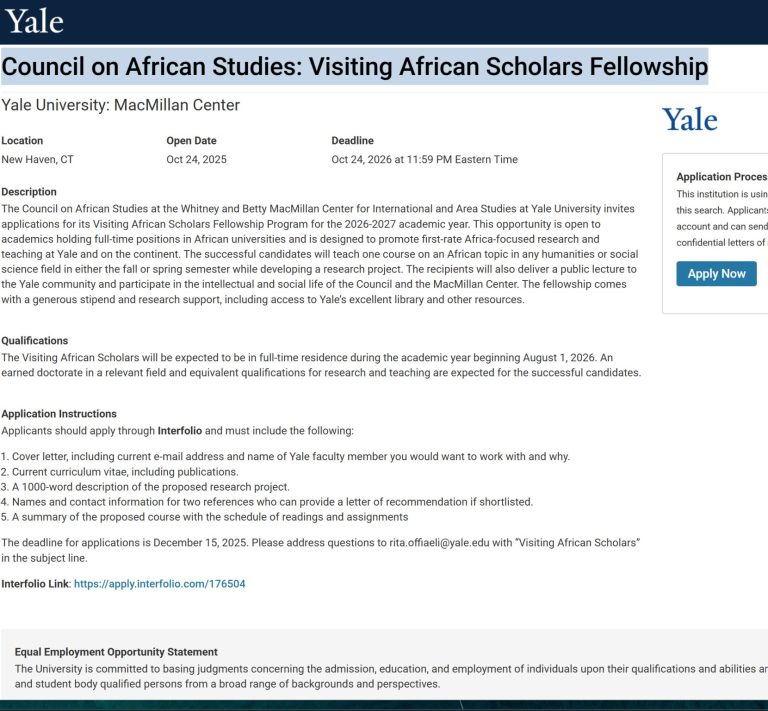 2026 YALE Visiting African Scholars Fellowship – Oppourtunities Forum